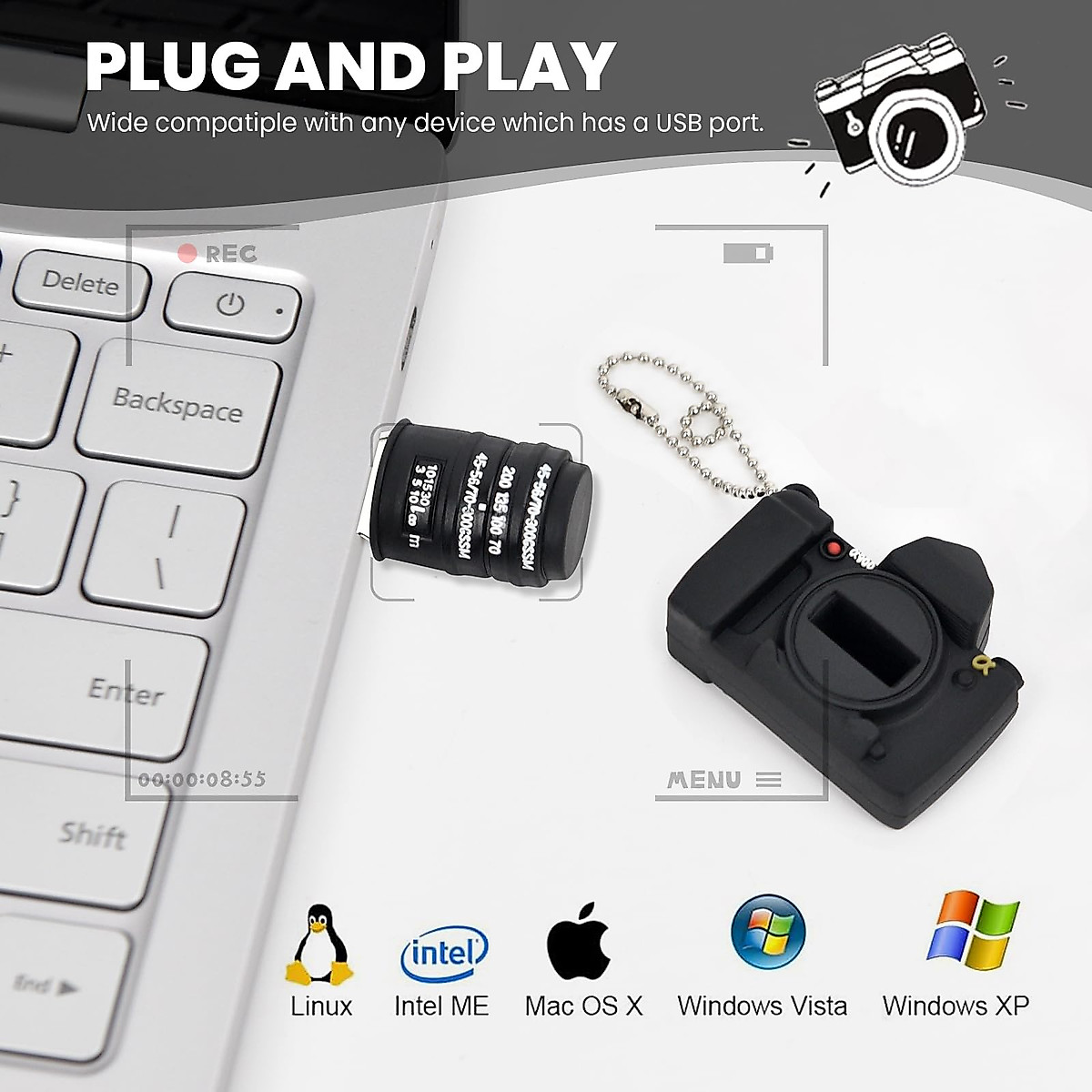 Novelty Cute Cartoon USB 2.0 Flash Drive Data Storage Memory Stick Camera Shape USB Stick Pendrive Gift (16GB, Camera Black)