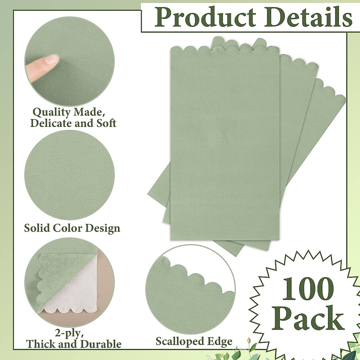 100 Pcs 2 Ply Cocktail Napkin Disposable Soft Napkins for Dinner Wedding Party Birthday Bridal Anniversary Reception, 13 x 16 Inches (Green,100 Pcs)