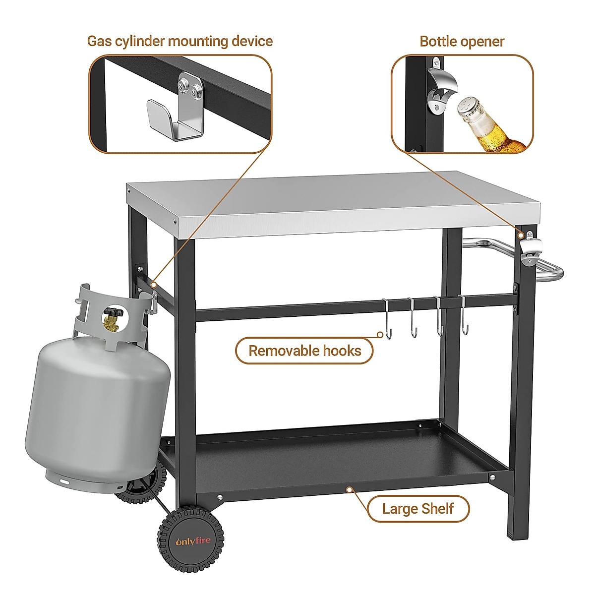 onlyfire Stainless Steel Movable Dining Cart Table, Pizza Oven Table, Multifunctional Utility Cart with Wheels for Outdoors, Kitchen or Backyard Patio