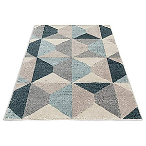 Yara Scandanavian Abstract Geometric Blue, Ivory, Grey Yellow Area Rug 5x7 (5'3" x 7'3")
