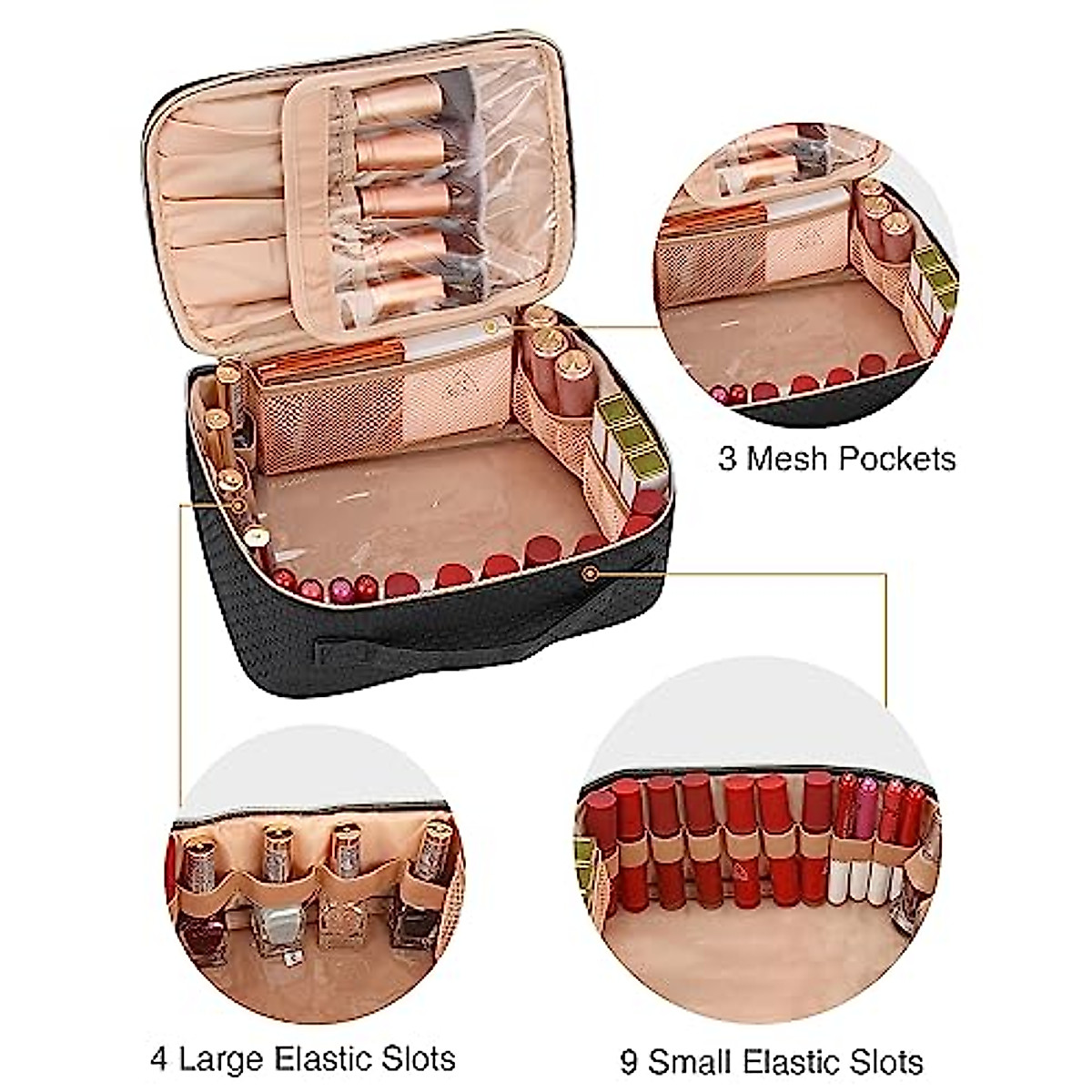 Relavel Travel Makeup Bag, Large Cosmetic Organizer Case Travel Toiletry Storage Train Case for Women and Girls, with Brush Compartment and Easy to Clean Lining, Black