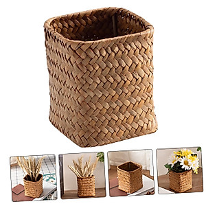 DOITOOL Pencil Holder Desk Makeup Brush Holder Stationery Container Flower Buds Vases Woven Flower Vase Rustic Pen Holder Seagrass Belly Basket Pen Cup to Weave Straw Remote Control Box