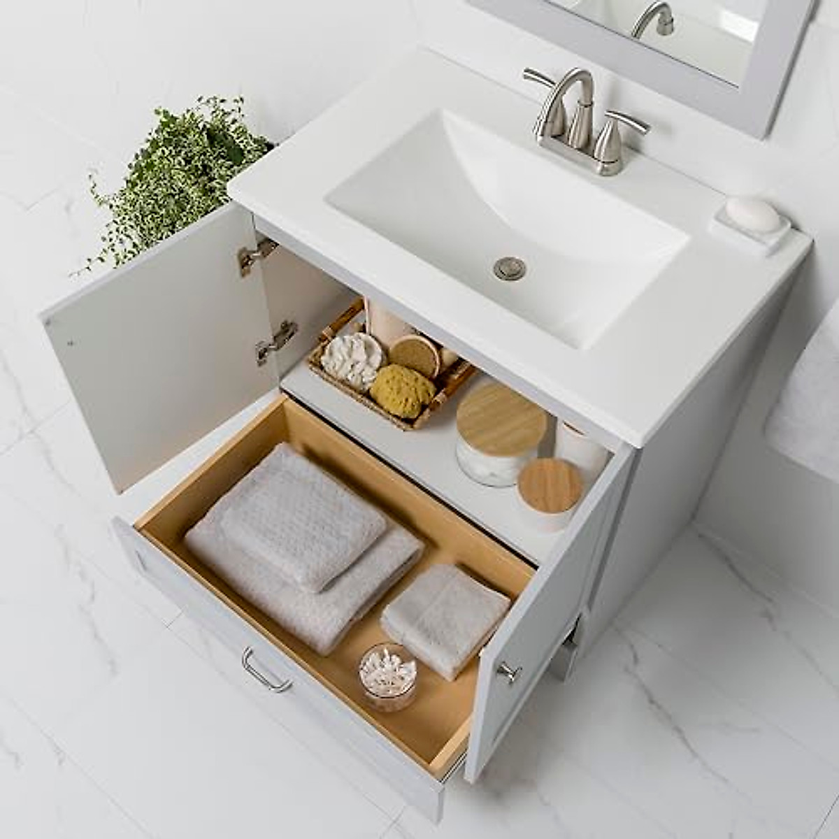 Spring Mill Cabinets Emlyn 30 Inch Bathroom Vanity with White Single Sink Top, 2-Door Cabinet, 1 Drawer, 30.5" W x 18.75" D x 32.89" H, Pearl Gray