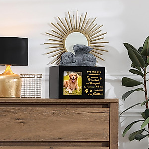 LPREUTWN Pet Urns for Ashes, Large Wooden Pet Urns for Dog or Cat Ashes with Dog Angel, Memorial Keepsake Memory Box with Photo Frame, Loss Pet Sympathy Remembrance Gift (Black)