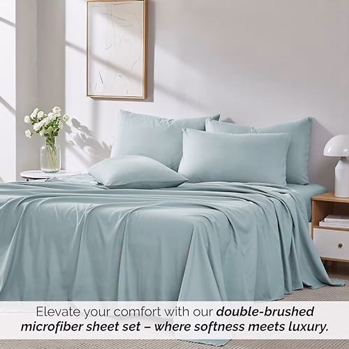 Southshore Fine Living, Inc. 6-Piece Deep Queen Sheets Premium Bedding, 21-Inch Queen Deep Pocket Sheet Set, Microfiber Bedding, Deep Pocket Fitted Sheet, Blue Pillow Cases, Sky Blue Sheets