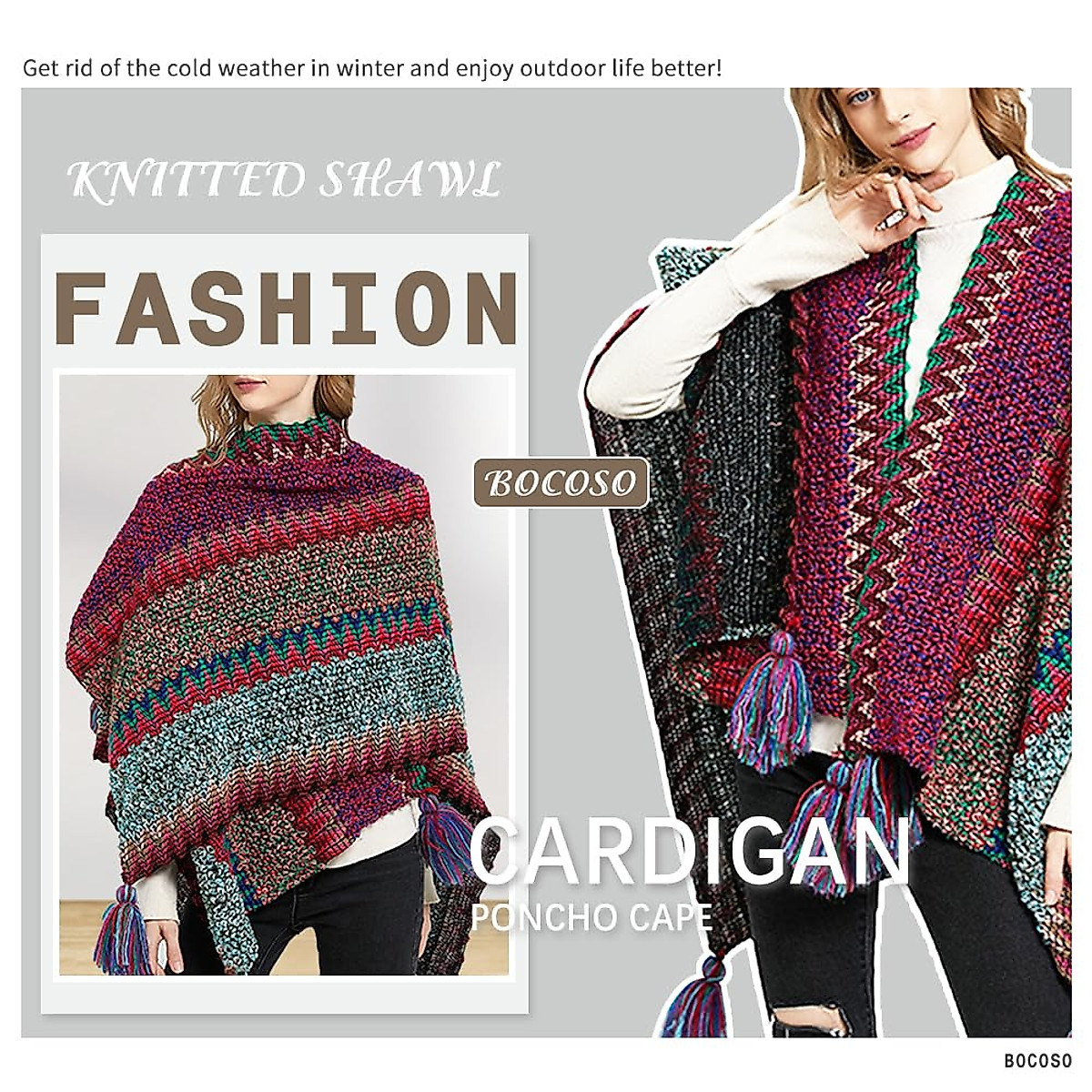 BOCOSO Knit Shawl Wraps Poncho Cape for Women, Ladies Knitted Cardigan Kimono with Fringe for Fall Winter