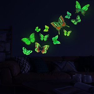 12pcs Large Glow in The Dark Stickers of Butterflies, Removable Reusable on Textured Wall, Wall Decals for Girls Bedroom, Waterproof Premium Butterfly Wall Décor, Unique Gifts for Girls Kids & Teen