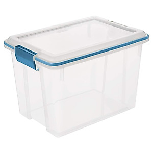 Sterilite 20 Qt Gasket Box, Stackable Storage Bin with Latching Lid and Tight Seal, Plastic Container to Organize Basement, Clear Base and Lid, 6-Pack