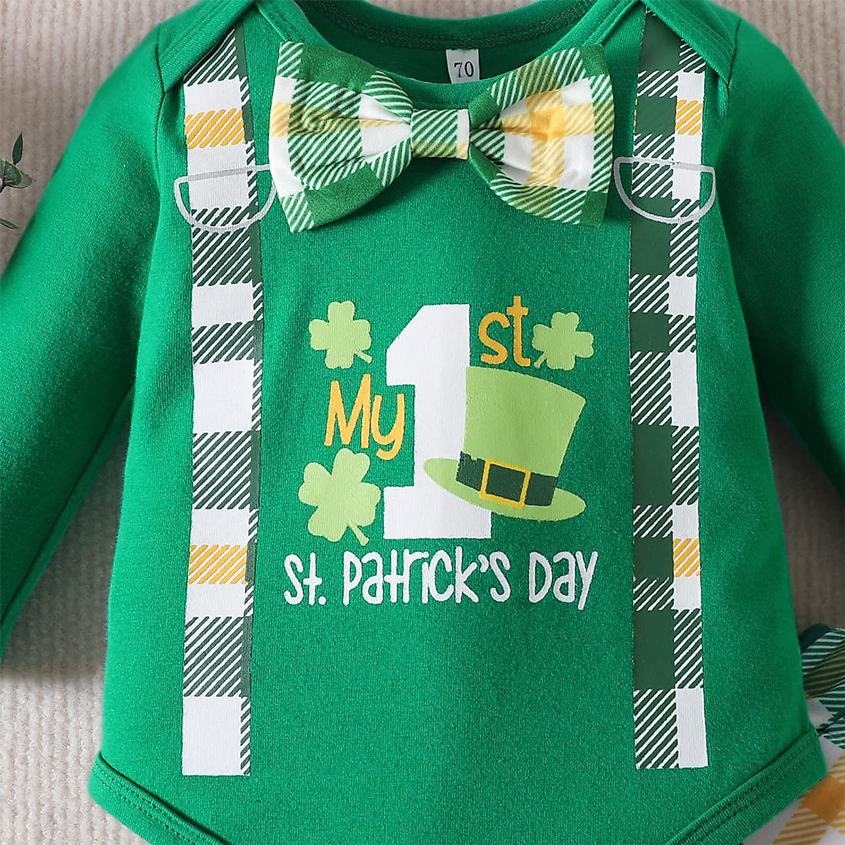 flower frail Infant Baby Boy My first St Patricks Day Outfit Newborn Green Bow Tie Romper Irish Clover Pant Set and Hat 3-6M