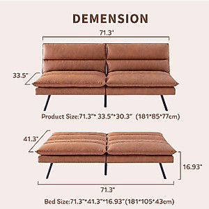 Dyonery Faux Leather Futon Sofa Bed Foam Futon Couch Sleeper Sofa Convertible Loveseat for Compact Living Spaces Offices, Easy Assembly, Brown