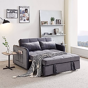 Antetek 3-in-1 Sleeper Sofa Bed w/USB Port, Modern Convertible Tufted Velvet Upholstered Pull Out Futon Couch, 55.5" W Small Loveseat Sofa for Office Living Room Small Space, Grey