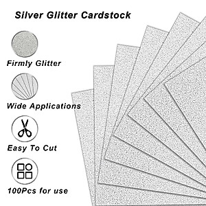 QTLCOHD 100 Sheets Glitter Cardstock Paper 12x12 Inch Silver Glitter Card Stock White Glitter Cardstock for Scrapbooking Graduation Party Crafts Decorations Weddings (250GSM/80Lb)