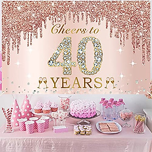 Large Cheers to 40 Years Birthday Decorations for Women, Pink Rose Gold Happy 40th Birthday Banner Backdrop Party Supplies, Forty Birthday Poster Background Sign Decor