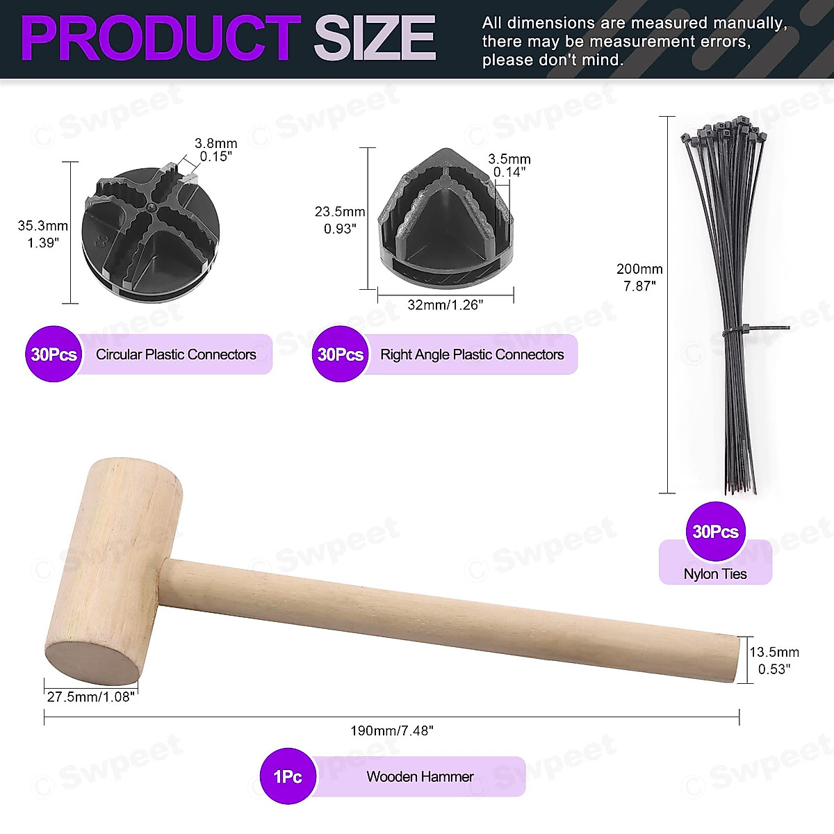 Swpeet 91Pcs 2 Styles Black Cube Plastic Connector with Cable Ties and Wooden Mallet Assortment Kit, Cube Round and Right Angle Organizer Connector Wire Grid Heavy Duty Zip Ties for Shelving