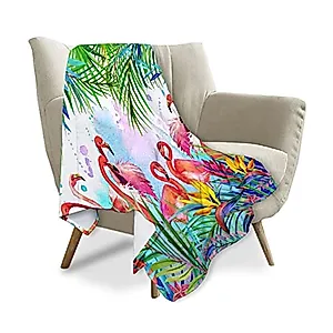 Mimihome Flamingo Blanket,Tropical Leaves Flamingos Throw Blanket Warm Fleece Blanket for Sofa Couch Bed Chair,60x50 Inches, Pink Green White