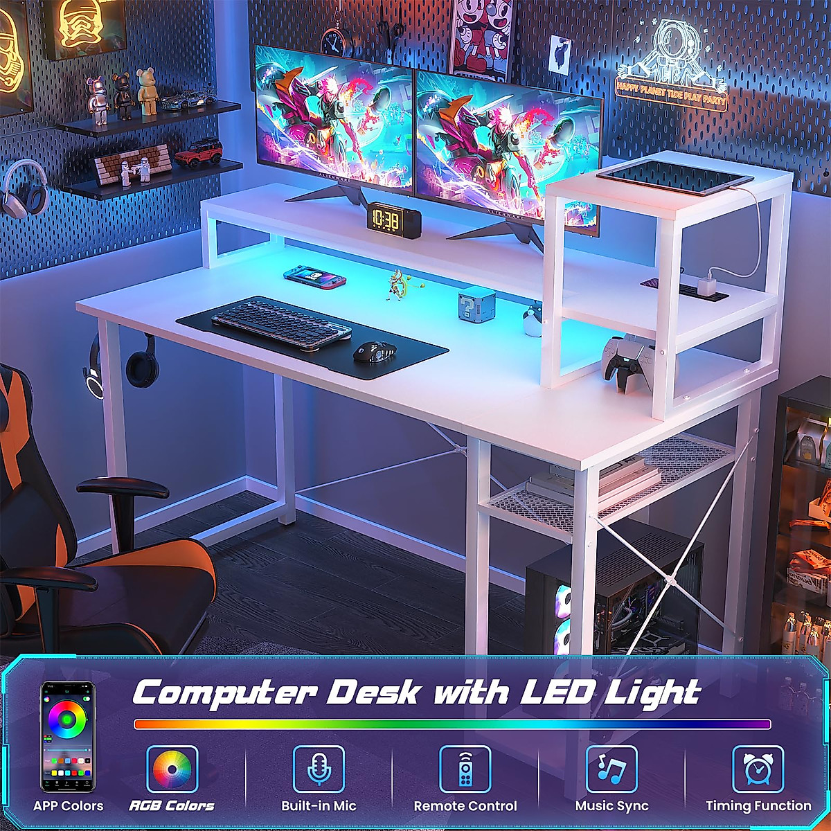 Besiost Gaming Desk with Lights & Power Outlets, 39.4' Computer Desk with Shelves, Small Desk for Small Space, Writing Desk with Monitor Stand, White
