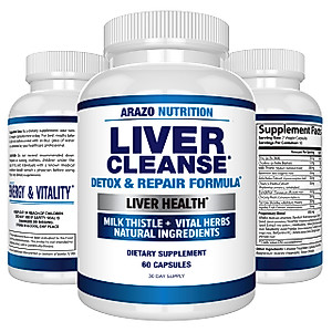 Arazo Nutrition Liver Cleanse Detox & Repair Formula – Milk Thistle Herbal Support Supplement: Silymarin, Beet, Artichoke, Dandelion, Chicory Root