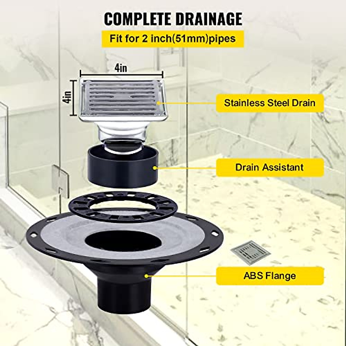 VEVOR Shower Curb Kit, 38"x60" Watertight Shower Curb Overlay with 4" ABS Offset Bonding Flange, 4" Stainless Steel Grate, 2 Cuttable Shower Curb and Trowel, Shower Pan Slope Sticks Fit for Bathroom