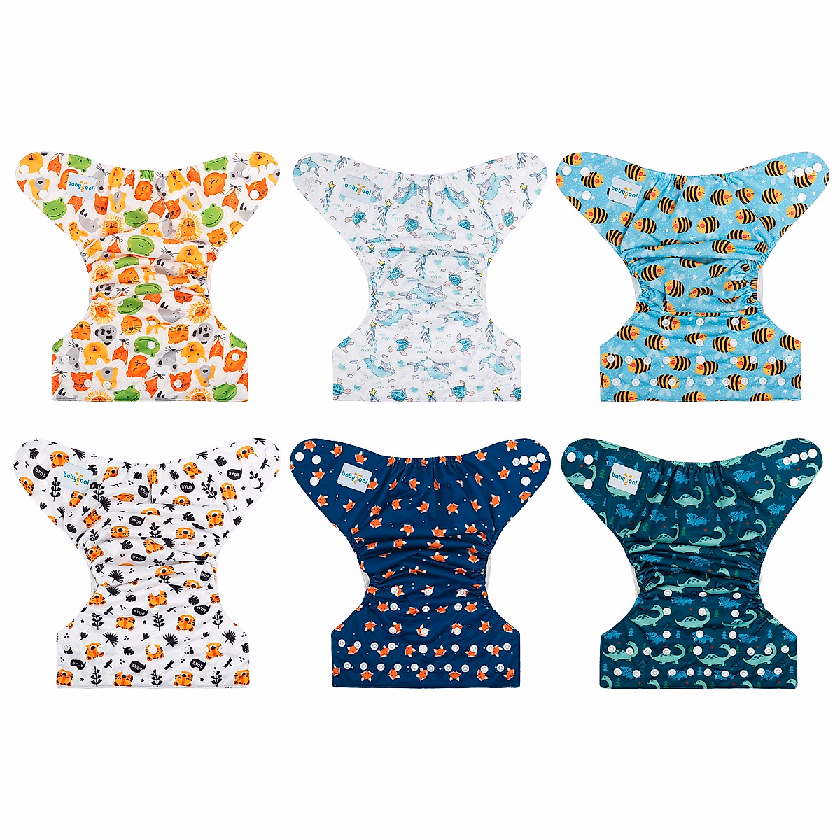 Babygoal Cloth Diaper Covers 6 Pack+Wet Bag for Fitted Diapers and Prefolds with Double Gussets, Adjustable and Reusable for Baby Boys 6DCF08