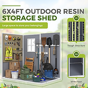 Greesum 6X4FT Resin Outdoor Storage Shed, All Weather Tool Room with Floor, Perfect for Storing Lawn Mowers, Garden Tools, Patio Furniture, Bicycles, Grey