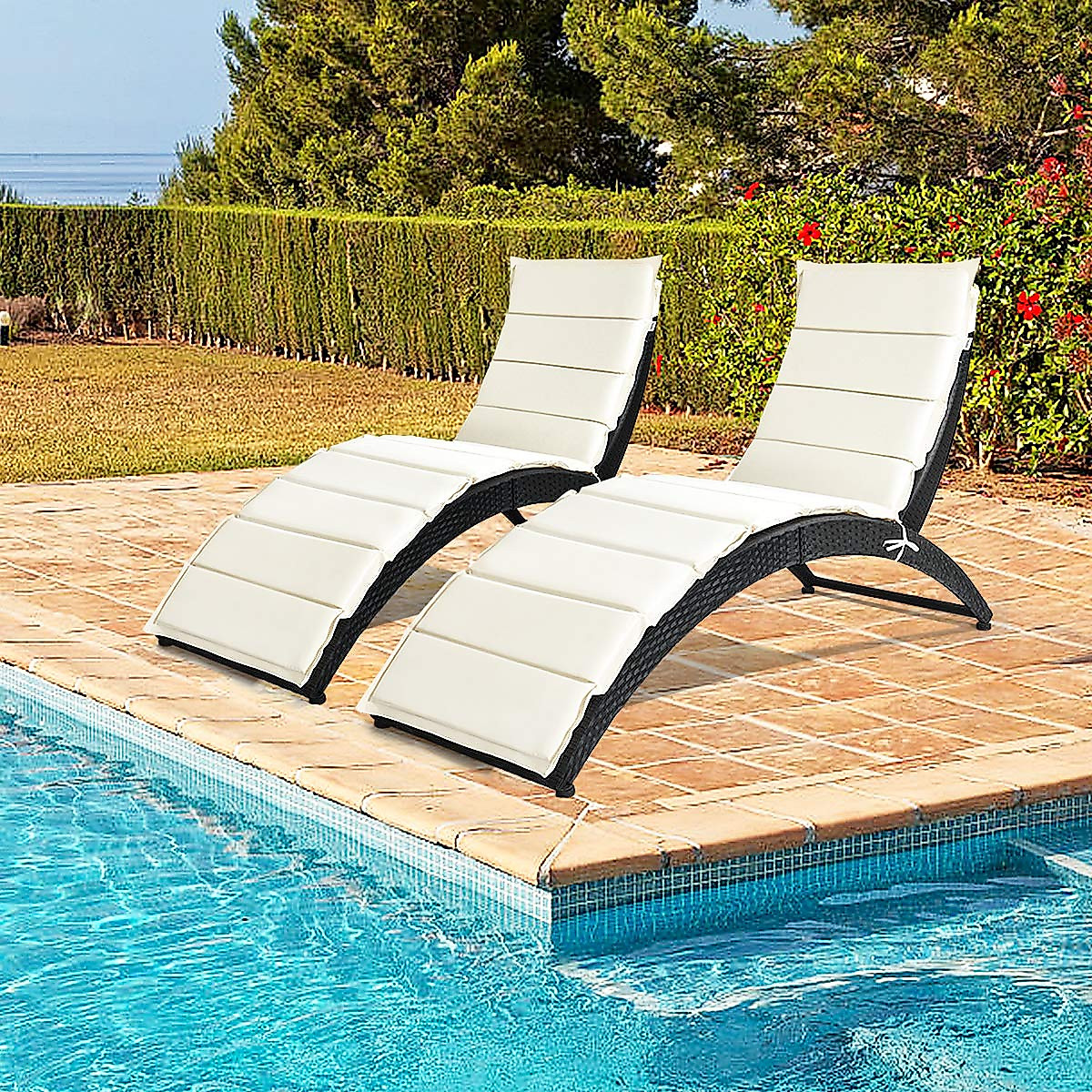 Tangkula Foldable Patio Lounge Chair, Outdoor Rattan Lounger Chaise, Portable Patio Chaise with Cushion, All-Weather Wicker Furniture for Garden Lawn Balcony Backyard Poolside (2, Beige)