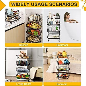 Fruit Vegetable Storage Basket for Kitchen - 4 Tier Stackable Metal Wire Baskets Cart with Rolling Wheels Utility Fruits Rack Produce Snack Organizer Bins