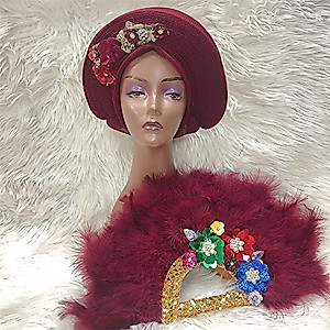 Msbfea Feather Fan Big Size African White Feather with Autogele Headtie Turban Cap Matching 1headtie+1fan Color 311