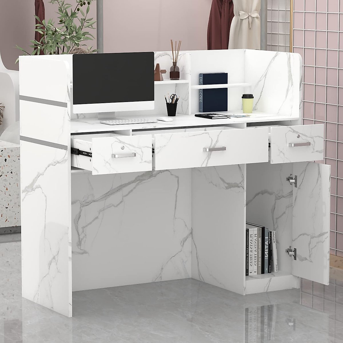 AGOTENI Reception Desk Reception Stations with Open Shelf & Drawers, Wooden Counter Desk with Lockable Drawer for Office Reception Room (Marble White)