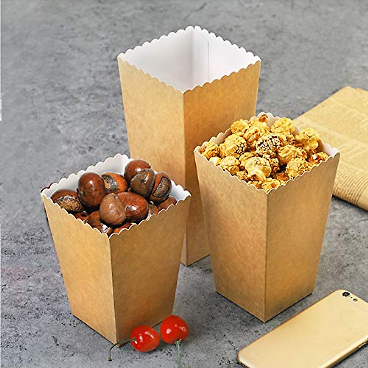 Disposable Popcorn Bags, 36 Pack Kraft Paper Popcorn Boxes, Foldable Paper Boxes for Chips, Cookies, Nuts, Snacks by FUNZON (Brown)