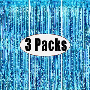 3 Packs 3.2ft x 6.6ft Light Blue Metallic Tinsel Foil Fringe Curtains Photo Booth Props for Birthday Wedding Engagement Bridal Shower Baby Shower Bachelorette Holiday Celebration Party Decorations