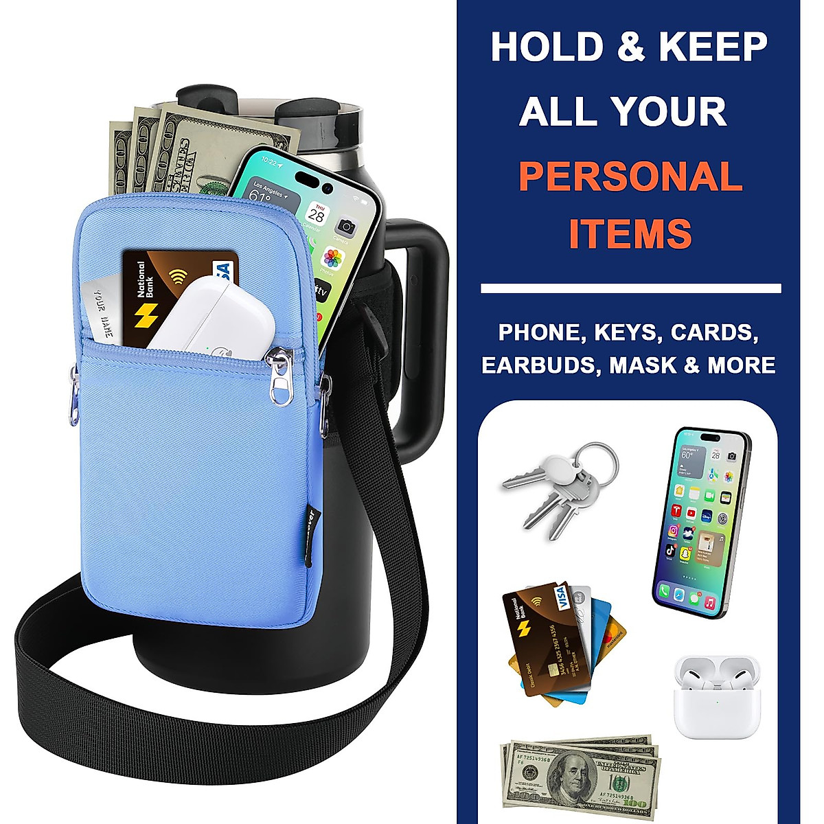 Gym Water Bottle Pouch for Stanley Tumbler with Handle, Universal Water Bottle Carrier Sling Sleeve with Strap & Pocket, Fits for A Variety of Stanley Tumbler, Gym Water Bottles for Owala, 40-128 oz