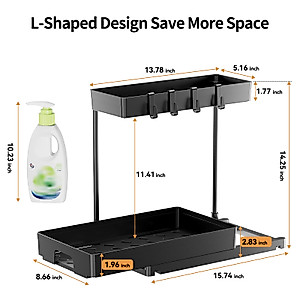 Delamu 2 Pack Under Sink Organizers and Storage, 2 Tier Pull Out Bathroom Cabinet Organizer, L-Shape Black Under Bathroom Kitchen Sink Organizer with Drawer for Under Sink Storage Organizer