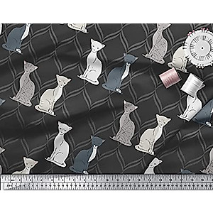Soimoi Black Cotton Canvas Fabric Quatrefoil Cat Animal Printed Craft Fabric by The Yard 44 Inch Wide