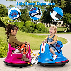 Costzon 12V Kids Ride On Bumper Car, Electric Bumper Car w/Dual Joysticks, Remote Control, 360° Spin, Slow Start Function, LED Lights & Fun Music, Adjustable Safety Belt, Soft Bumper (Blue)