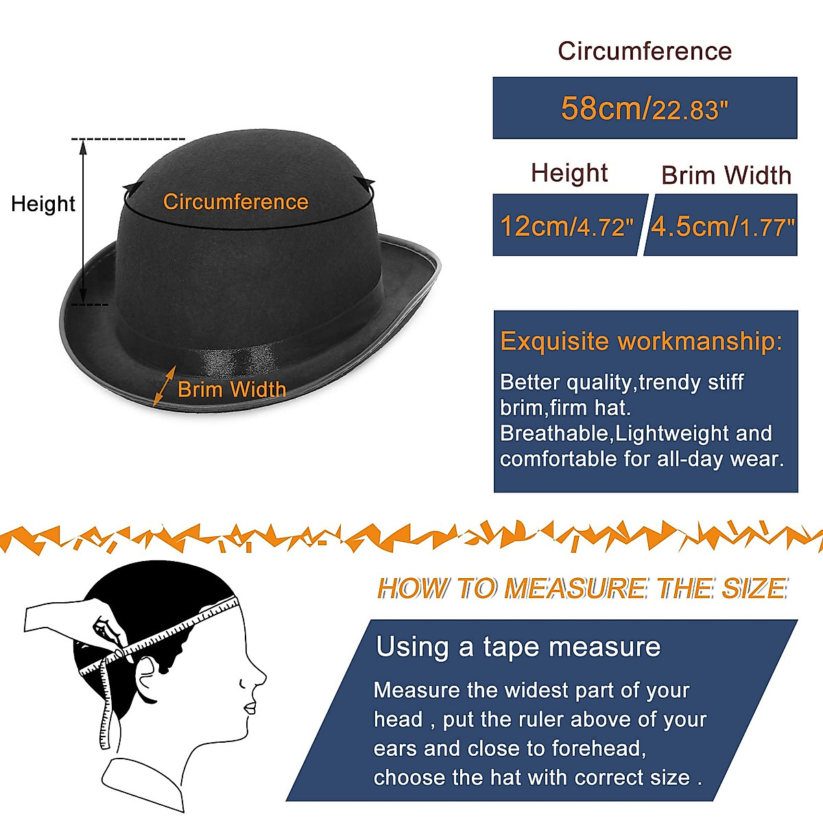 GEMVIE Classic Black Felt Derby Hat Lightweight Bowler Hat Novelty Costume Hat for Party Dress Ups Black