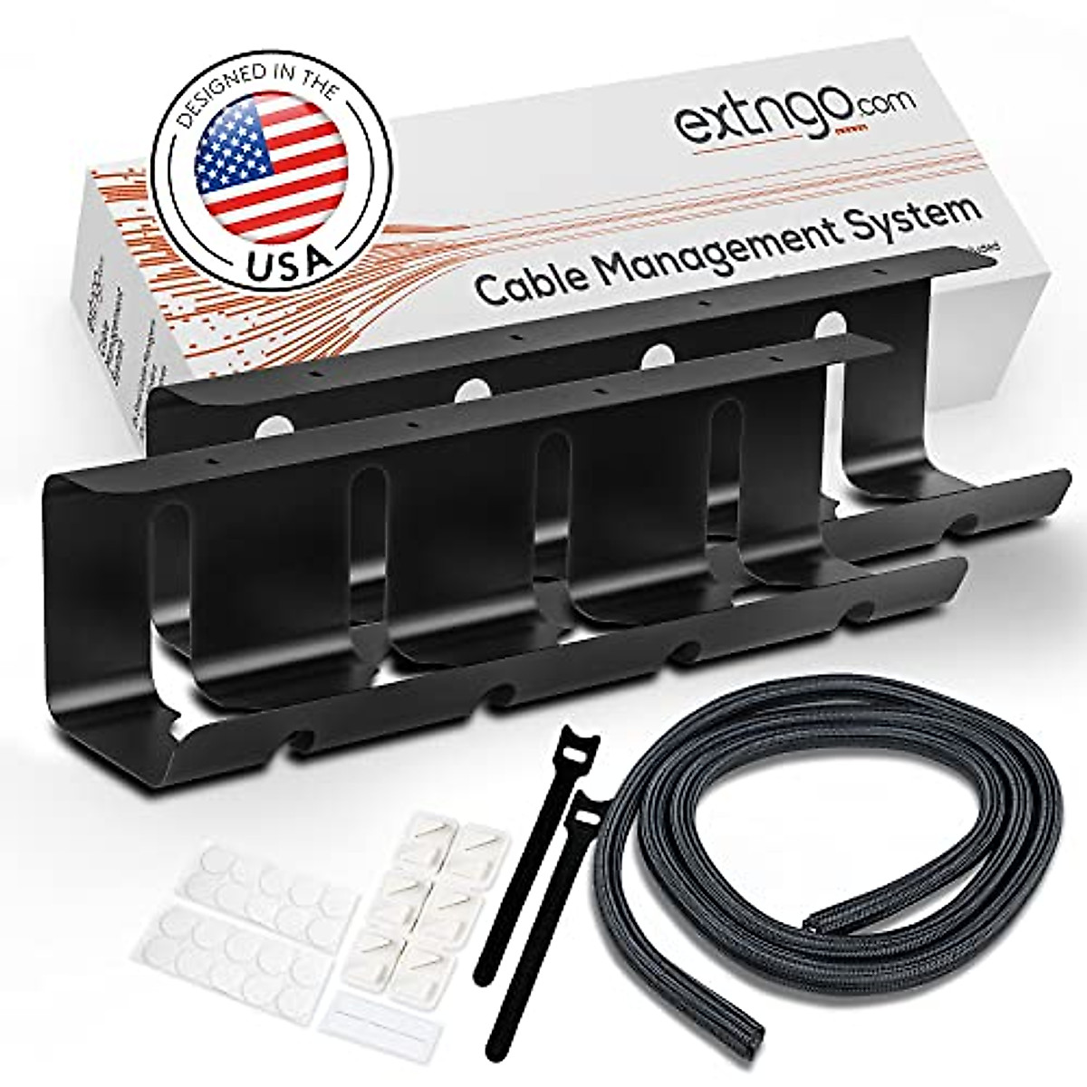 EXTNGO - Under Desk Cable Management Tray [2 Pieces] - Carbon Steel Desk Wire Organizer [16x4x4 in] - No Drilling Wire Management Under Desk with Glue Dots - Elegant Underdesk Tray