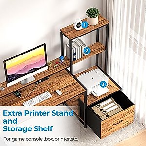 GreenForest 70 in L Shaped Desk with Drawers and Printer Stand and Queen Size Bed Frame Easy Quick Assembly