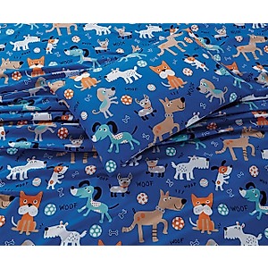 Better Home Style Playing Puppy Blue Kids/Boys/Toddler 4 Piece Sheet Set with Woof Woof Wagging Dogs Pups and Puppies Includes Pillowcases Flat and Fitted Sheets # Blue Dog (Full)