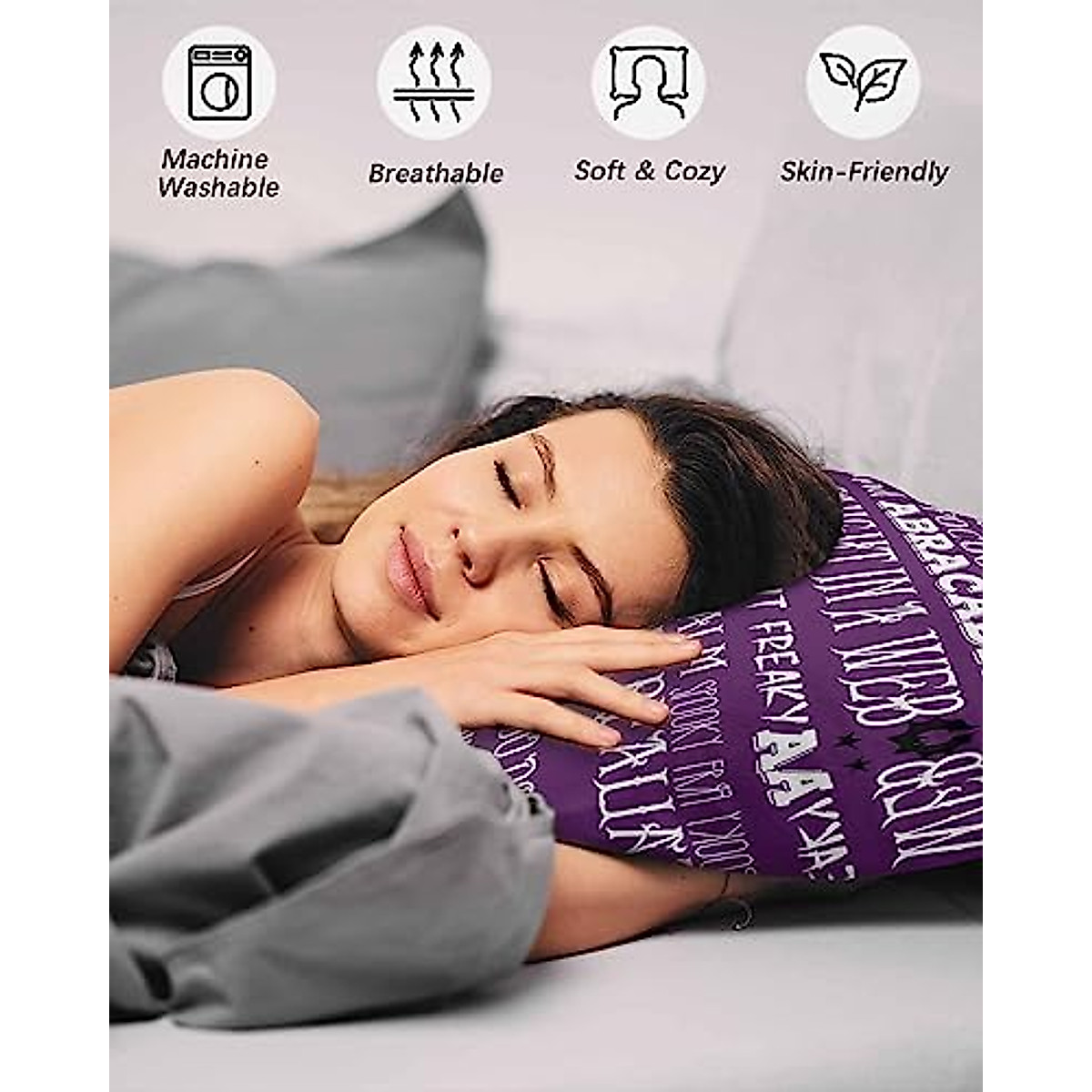 Edwiinsa Halloween Pillow Covers Standard Size Set of 2 Bed Pillow, Rustic Black Bat White Words Purple Plush Soft Comfort for Hair/Skin Cooling Pillowcases with Envelop Closure 20''x26''