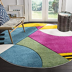 SAFAVIEH Hollywood Collection 6'7" Round Peacock Blue / Fuchsia HLW706C Mid-Century Modern Non-Shedding Dining Room Entryway Foyer Living Room Bedroom Area Rug