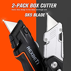REXBETI 2-Pack Utility Knife, SK5 Heavy Duty Retractable Box Cutter for Cartons, Cardboard and Boxes, Blade Storage Design, Extra 10 Blades Included