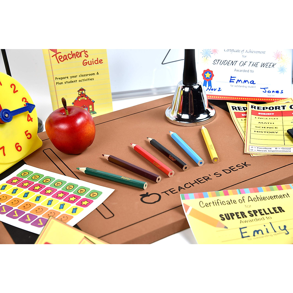 Dr. STEM Toys | Play Teacher Role-Play Set Includes Reusable White Board, Bell, Report Cards, for Home or Classroom, Over 30 Pieces Included, Gift for Kids, Complete Set