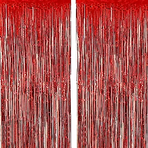 2 Pack 3.2 ft x 8.2 ft Red Tinsel Foil Fringe Curtains Backdrop, Sparkle Fringe Curtains for Party Photo Background Decoration