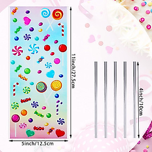 Outus 100 Pieces Cellophane Treat Bags Candy Bags Cand Lollipop Pattern Cello Bags with 150 Pieces Silvery Twist Ties for Chocolate Candy Snacks Cookies Birthday Party Favors, 11 x 5 Inches