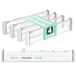 FUNIZE Expandable Drawer Dividers 4 Pack, 2.36" High, 12.6-22.8 Clear Drawer Organizers for Utensils, Clothes, Adjustable Kitchen Drawers Separators in Dresser, Bedroom, Bathroom, Office Storage