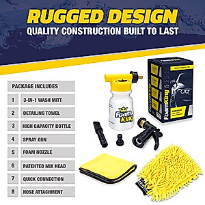Foam King™ Foam Gun Car Wash + Microfiber Wash Mitt + Detailing Towel - Connects to Garden Hose - Ultimate Scratch Free Cleaning - Snow Foam Blaster Foam Cannon Car Washing Kit