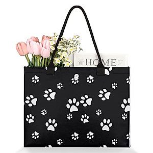 Puppy Paw Print Black Tote Bag For Women Travel Bag Reusable Grocery Bag Utility Tote For Work Shopping Pool Beach Bag for Gift Outdoor