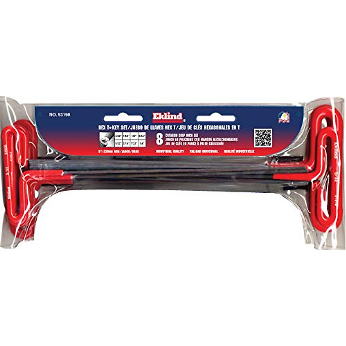 EKLIND 53198 Cushion Grip Hex T-Key allen wrench - 8pc set SAE Inch Sizes 3/32-1/4 (9In shaft)