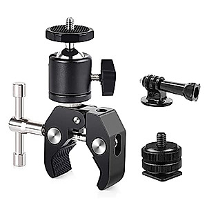 Camera Super Clamp Mount with Ball Head Mount Hot Shoe Adapter with 1/4 Thread for GoPro Hero 10 9 8 7 6 5 4,DJI Action Cameras, LCD Field Monitor LED Lights 360°Motorcycle Camera Mount