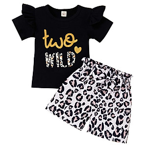 Viworld Baby Girl Two Birthday Outfits Ruffle Sleeve Wild Two Top + Leopard Shorts Set Cake Smash Summer Clothes（Leopard,2T